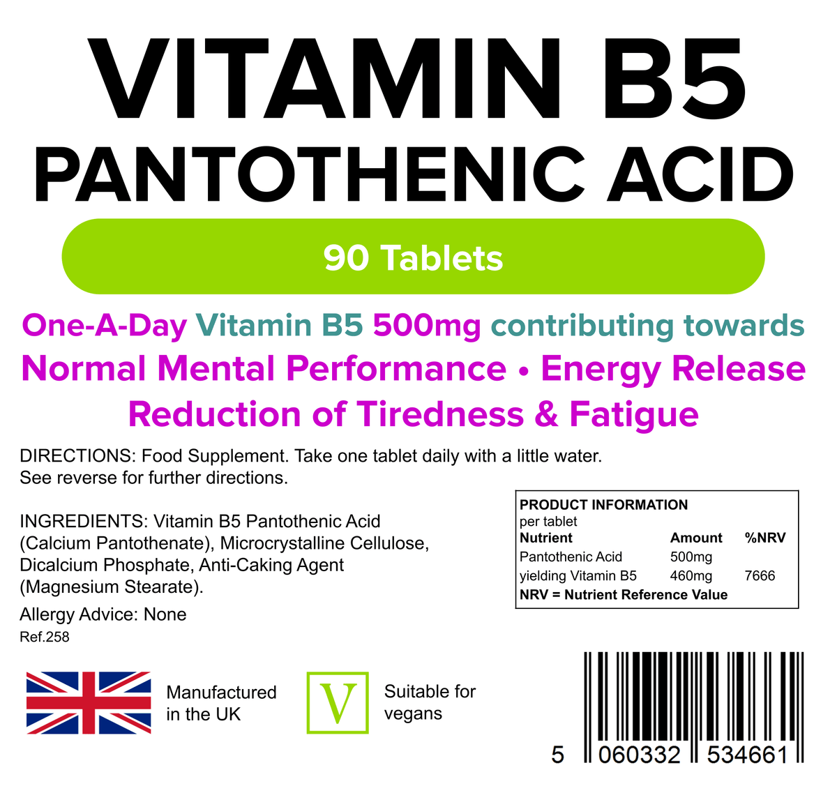 Vitamin B5 Pantothenic Acid 500mg Tablets | Vitamins | Lindens ...